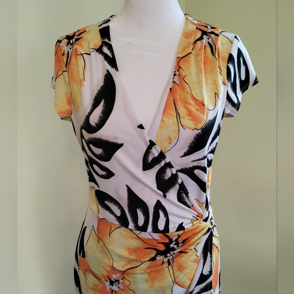 Caché | Dresses | Cach Yellow Floral Faux Wrap Vneck Midi Dress Size L ...